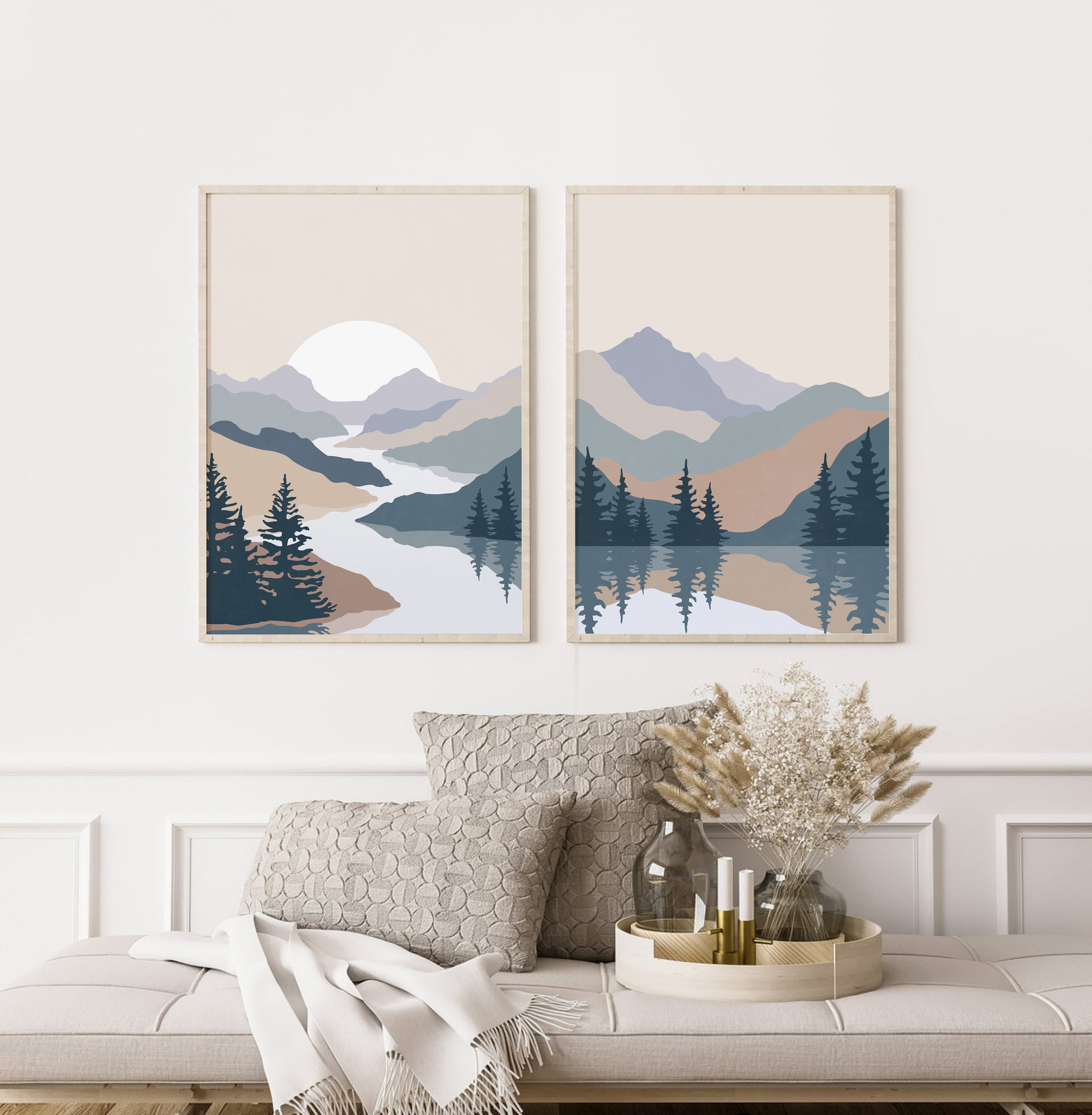 Abstract Mountain Sun Prints Set of 2, DIGITAL DOWNLOAD, Mid Century ...