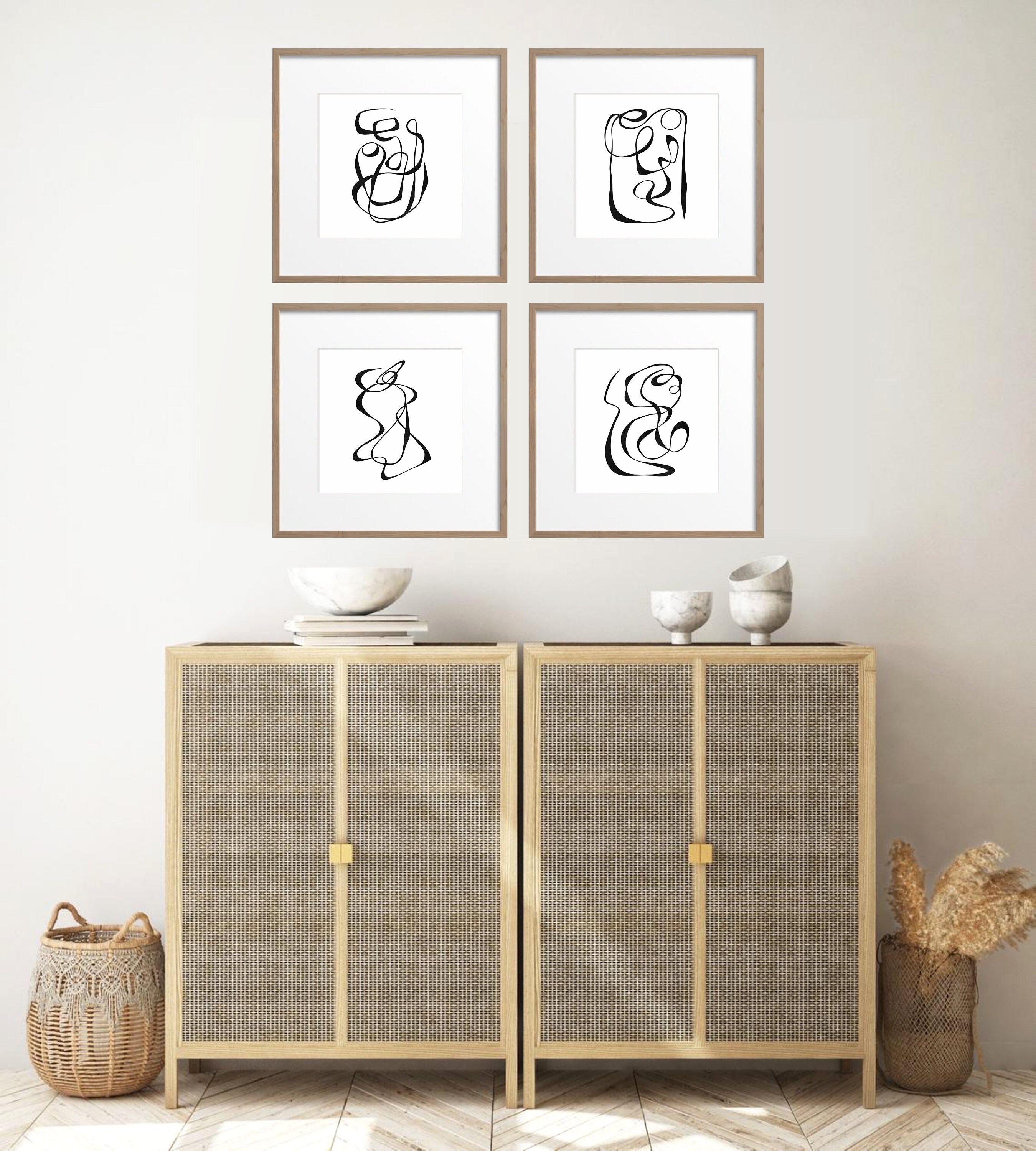 Set of 4 Square Prints, Modern Printable Wall Art, Black and White Line ...