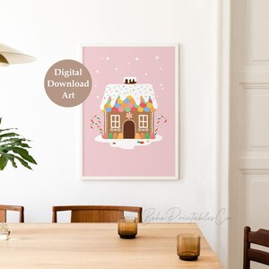 Pink Gingerbread House Print, Christmas Printable Wall Art, Holiday ...