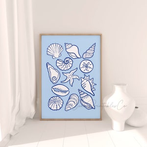 Blue White Seashells Print, Trendy Coastal Printable Wall Art, DIGITAL ...