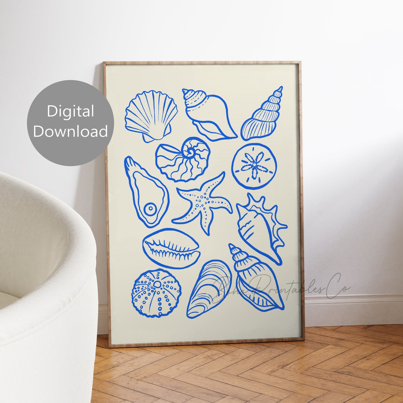 Blue Seashells Print, Hand Drawn Sea Shells Print, Trendy Coastal ...