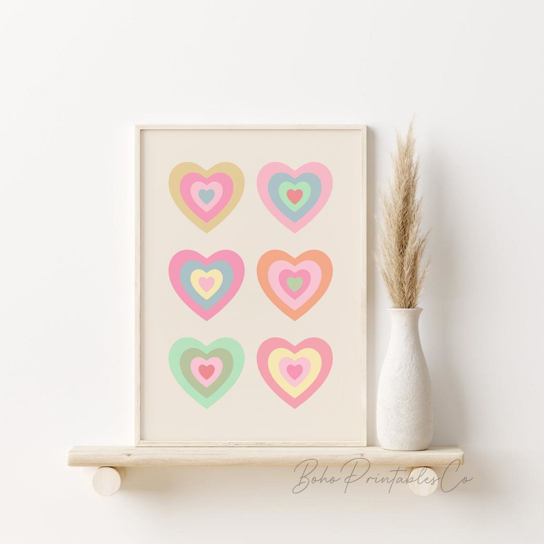 Pastel Retro Heart Print, Cute Hearts Printable Wall Art, DIGITAL ...