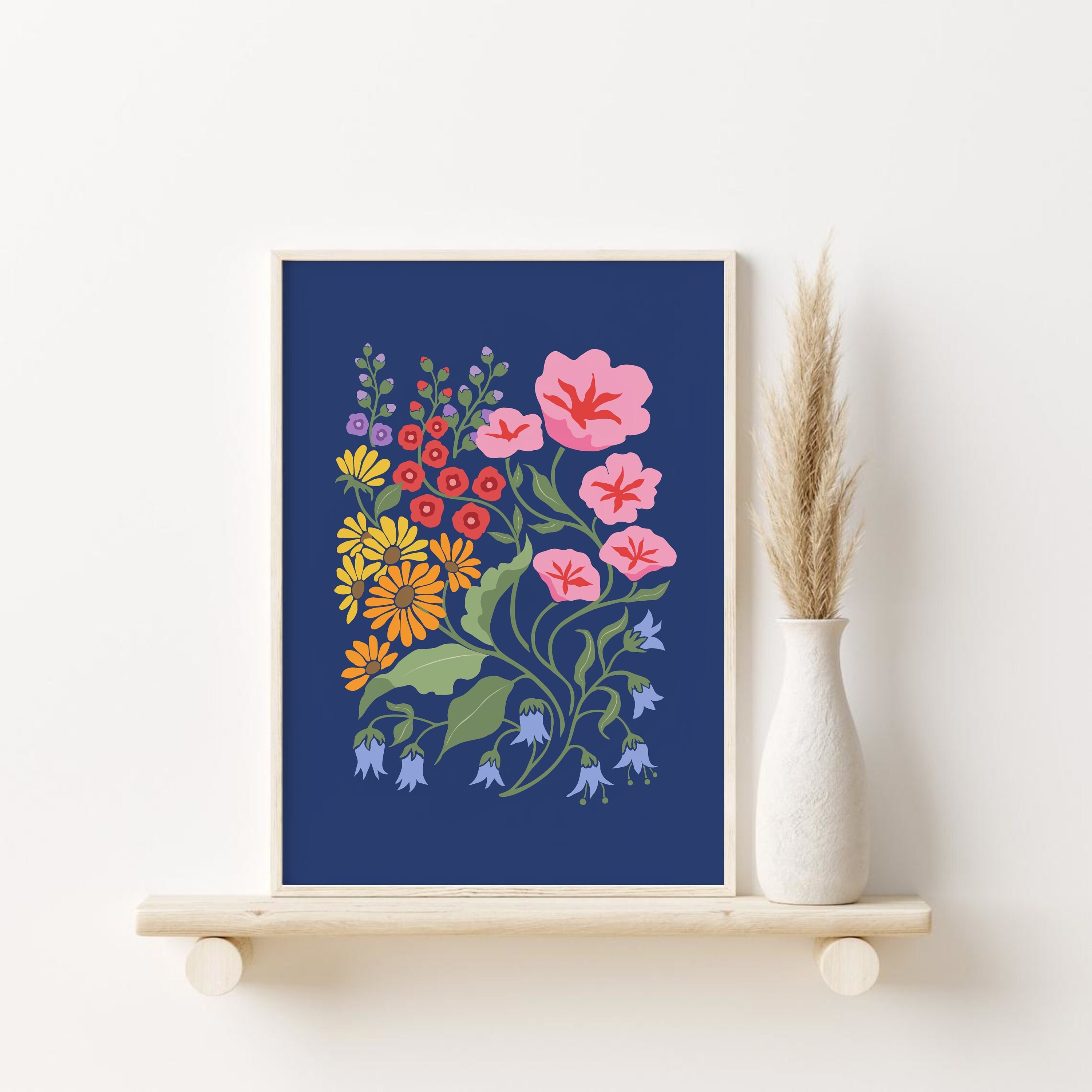 Navy Colorful Flowers Print Abstract Botanical Printable Wall | Etsy