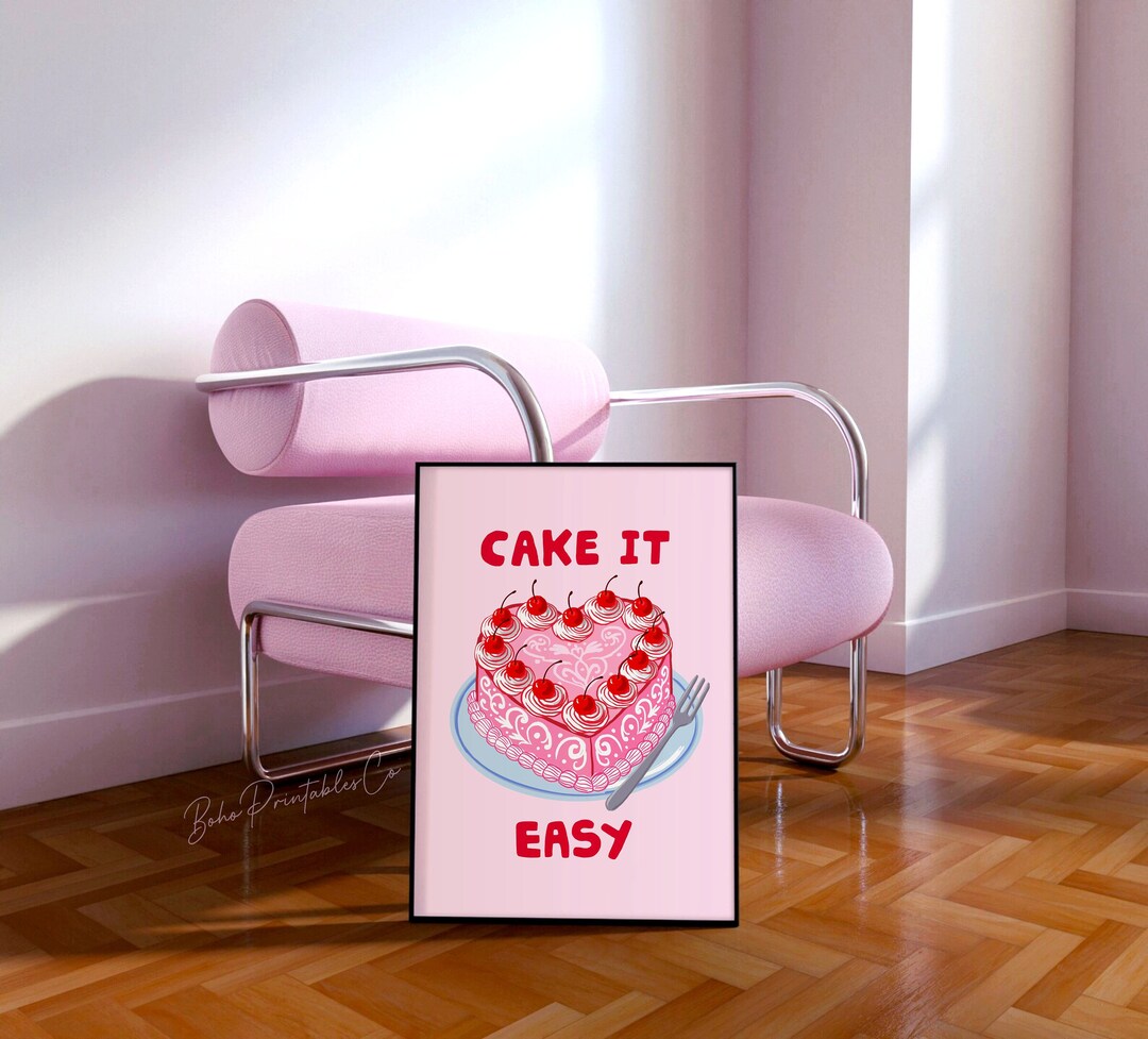 Retro Cake Print, Pink Red Printable Wall Art, Vintage Cake Food Poster ...