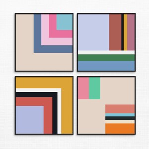 Square Abstract Print Set of 4, Colour Block Abstract Printable Wall ...