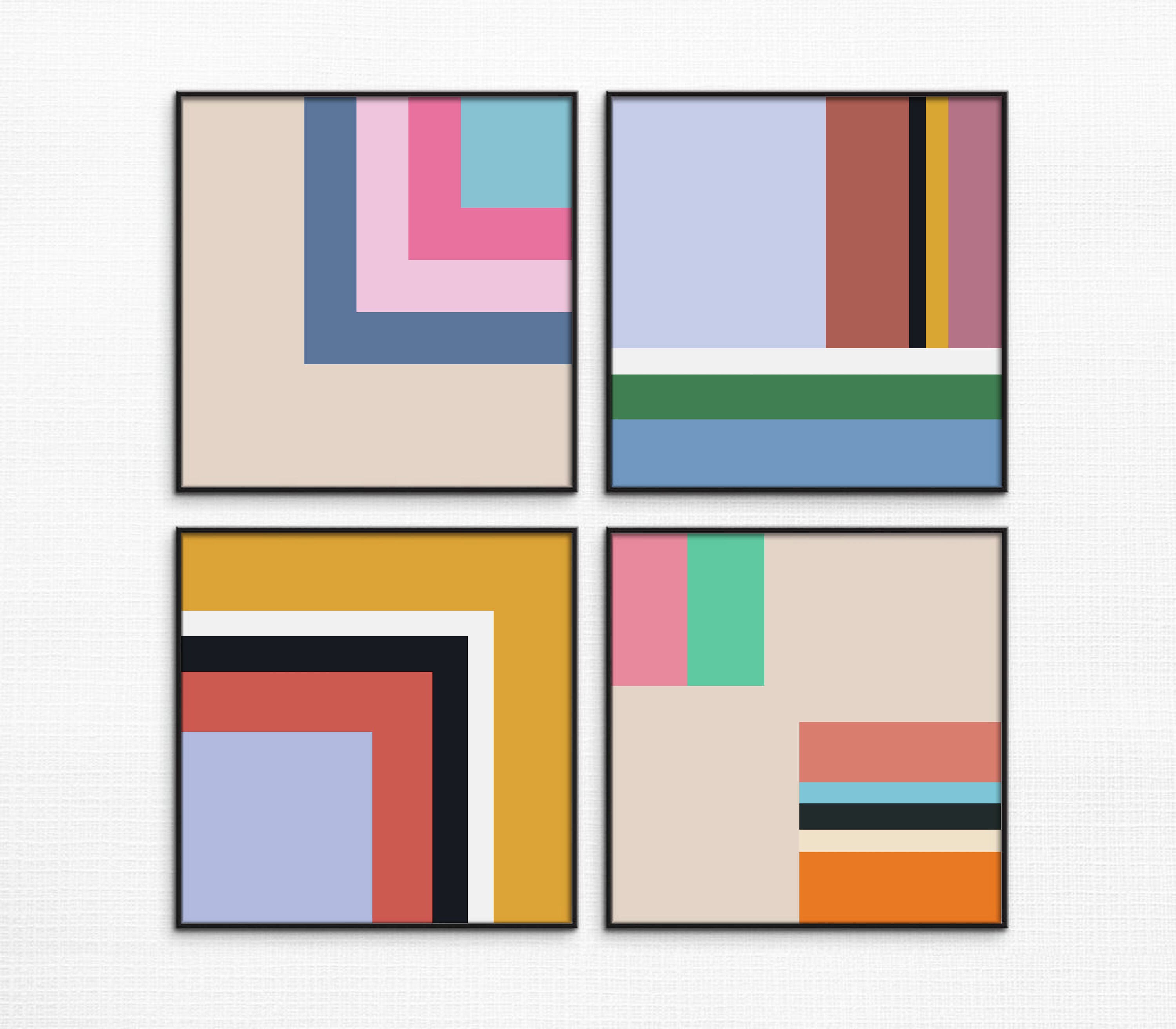 Square Abstract Print Set of 4, Colour Block Abstract Printable Wall ...