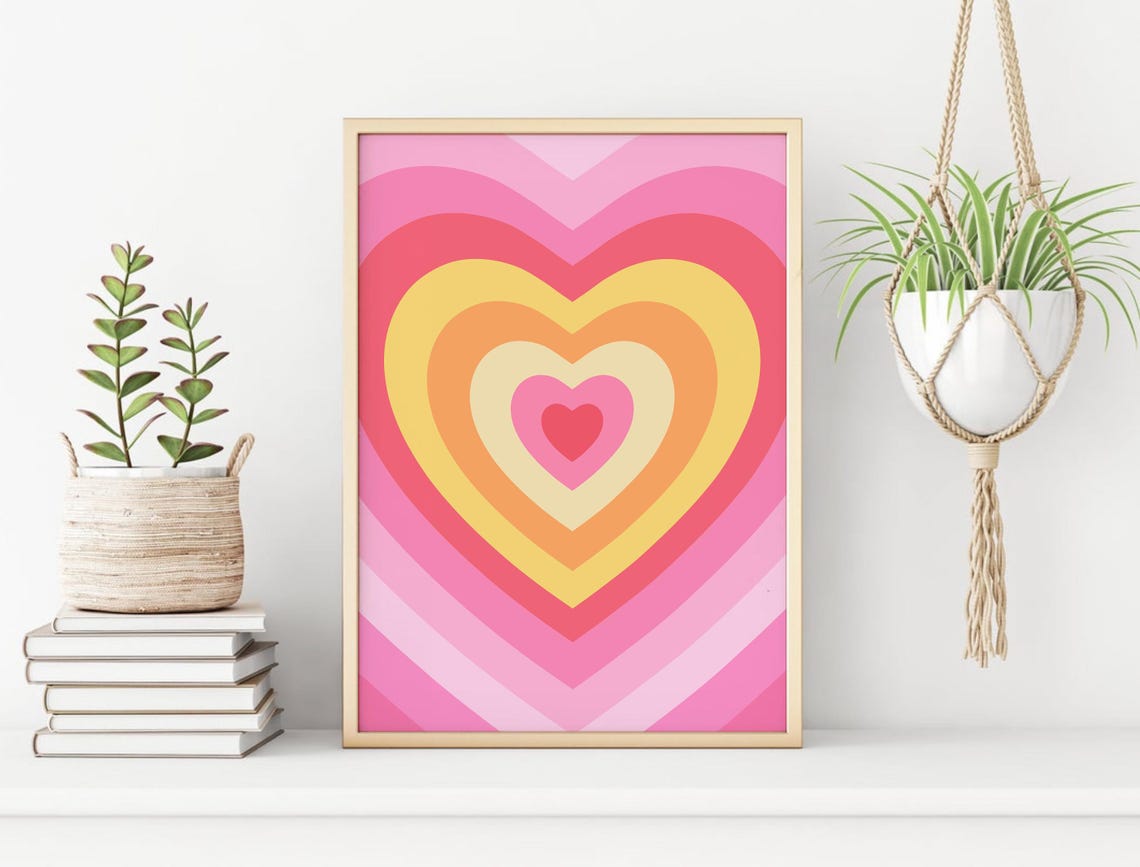 Retro Heart Print, DIGITAL DOWNLOAD, Psychedelic Heart Printable Wall ...