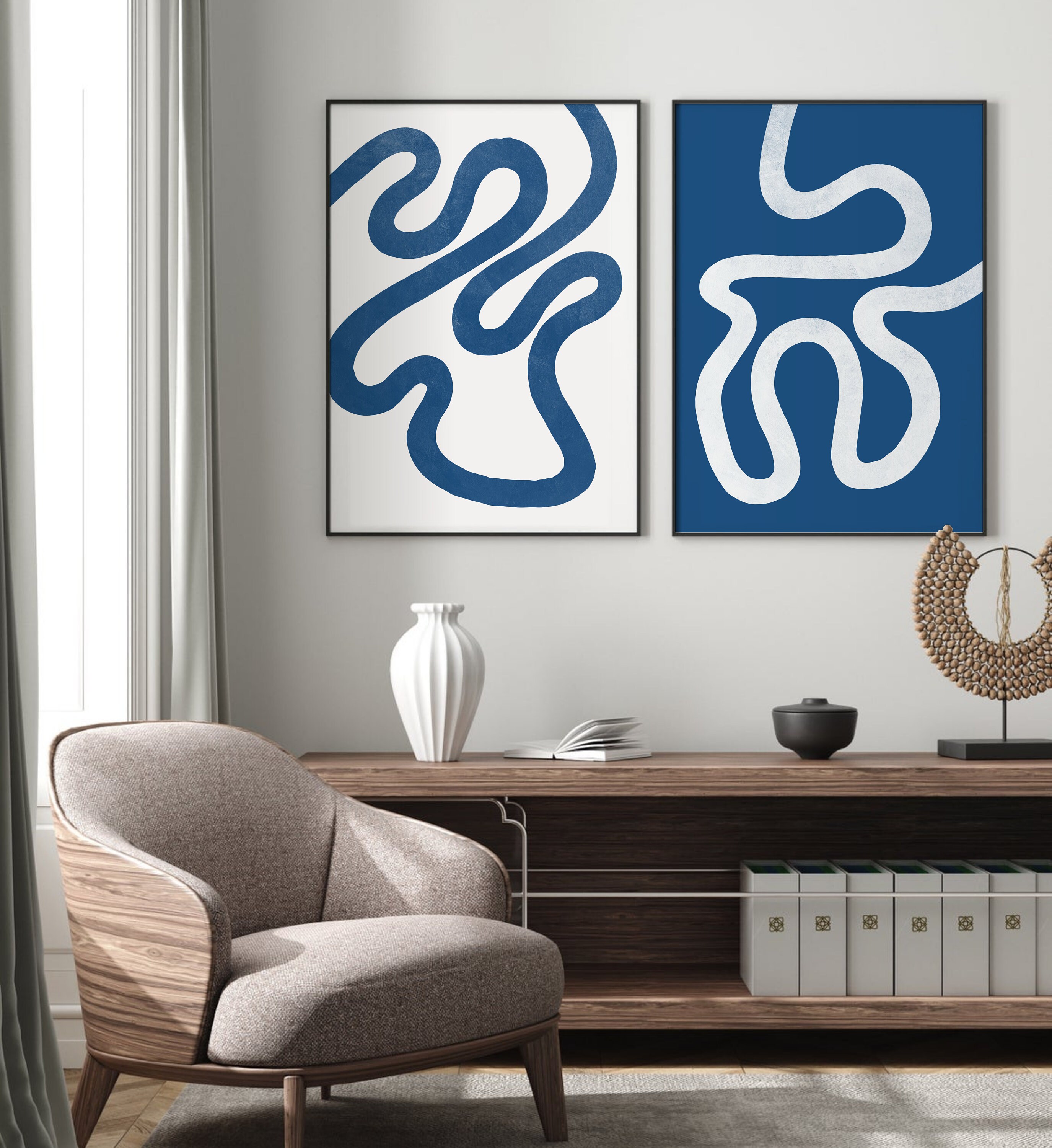 Navy Blue Abstract Print Set of 2 Abstract Line Art DIGITAL - Etsy