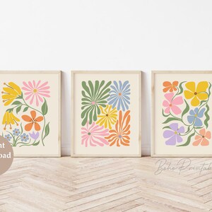 Boho Abstract Flowers Print Set of 3, Colorful Botanical Gallery Wall ...