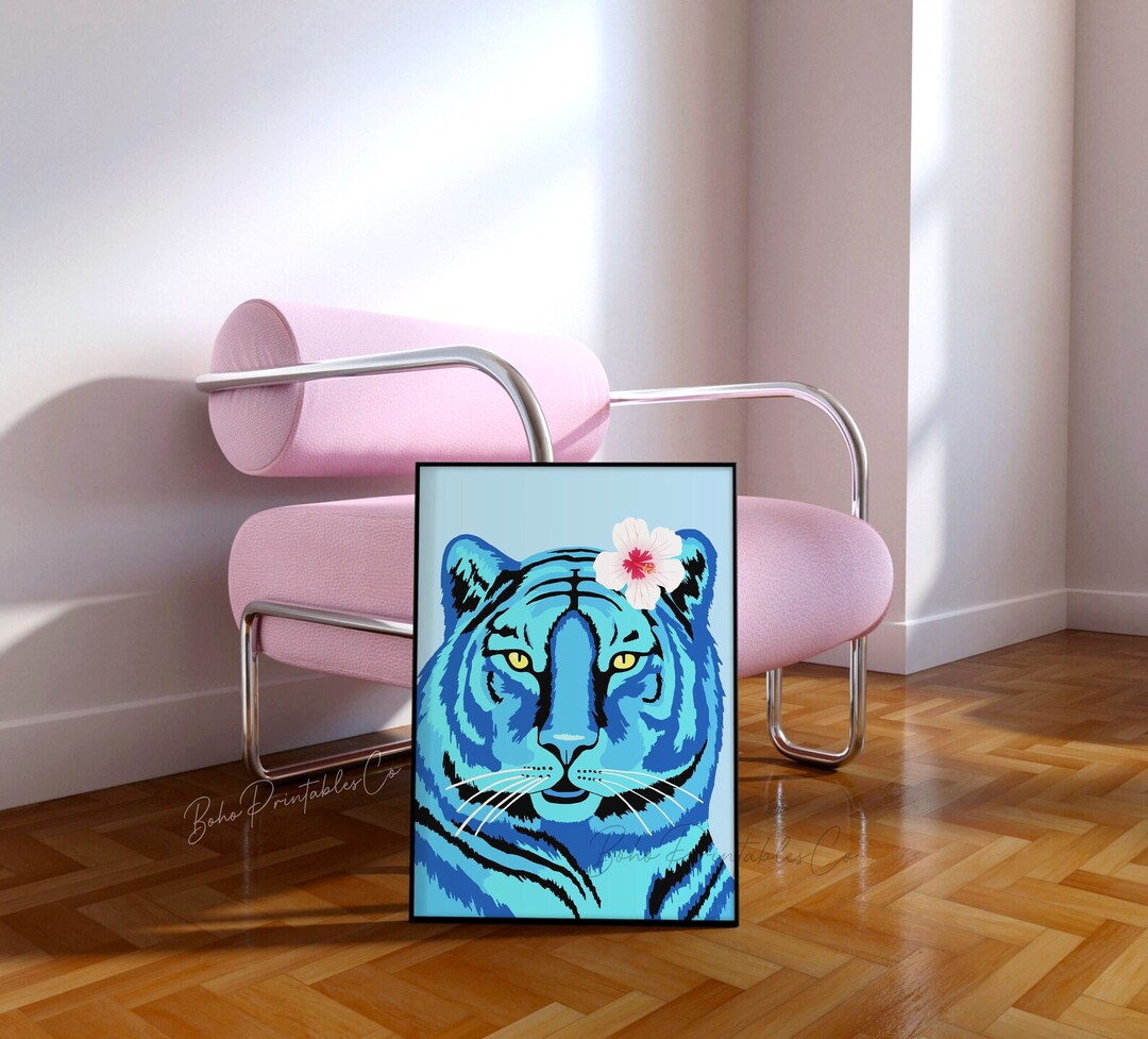 Retro Tiger Flower Print, Turquoise Blue Trendy Eclectic Printable Wall ...