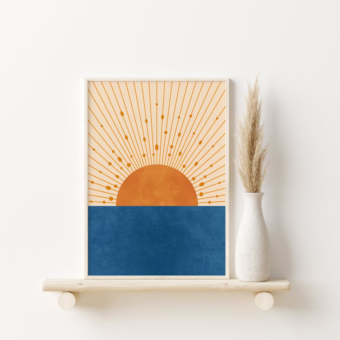 Boho Sun Sea Print, Abstract Sun Printable Wall Art, Mustard Navy Sun ...