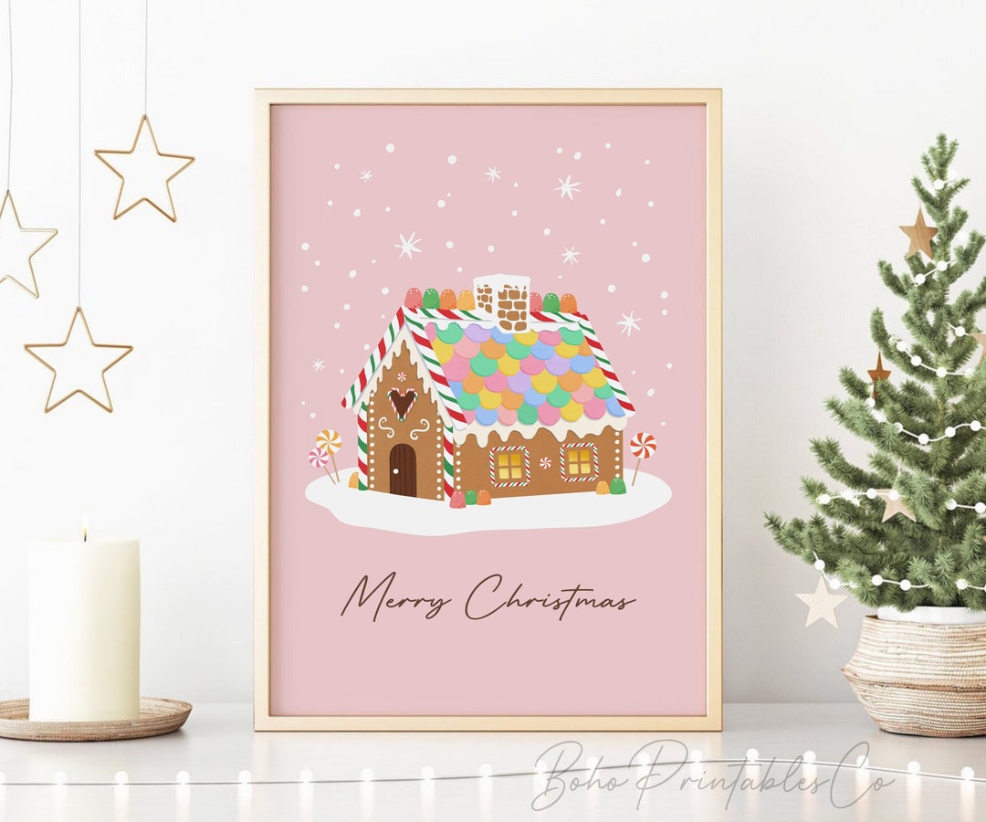 Pink Gingerbread House Print, Pink Vintage Holiday Wall Decor ...