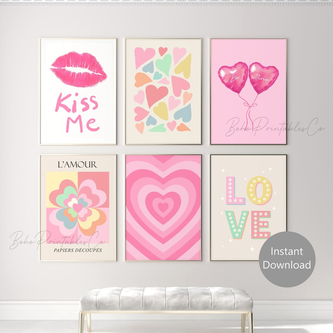 Valentine's Day Gallery Wall Set of 6 Prints, Pink Pastel Valentine's ...