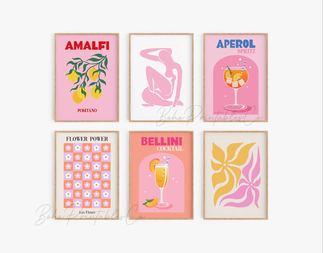 Pink and Orange Gallery Wall Set, Eclectic Print Set of 6, DIGITAL ...