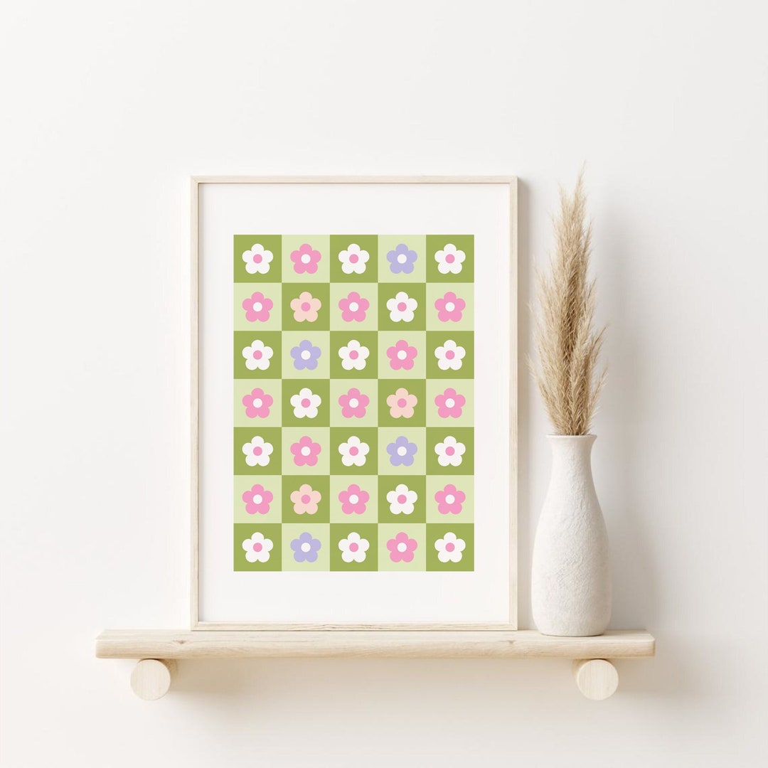 Floral Checkerboard Print, DIGITAL DOWNLOAD, Retro Printable Wall Art ...