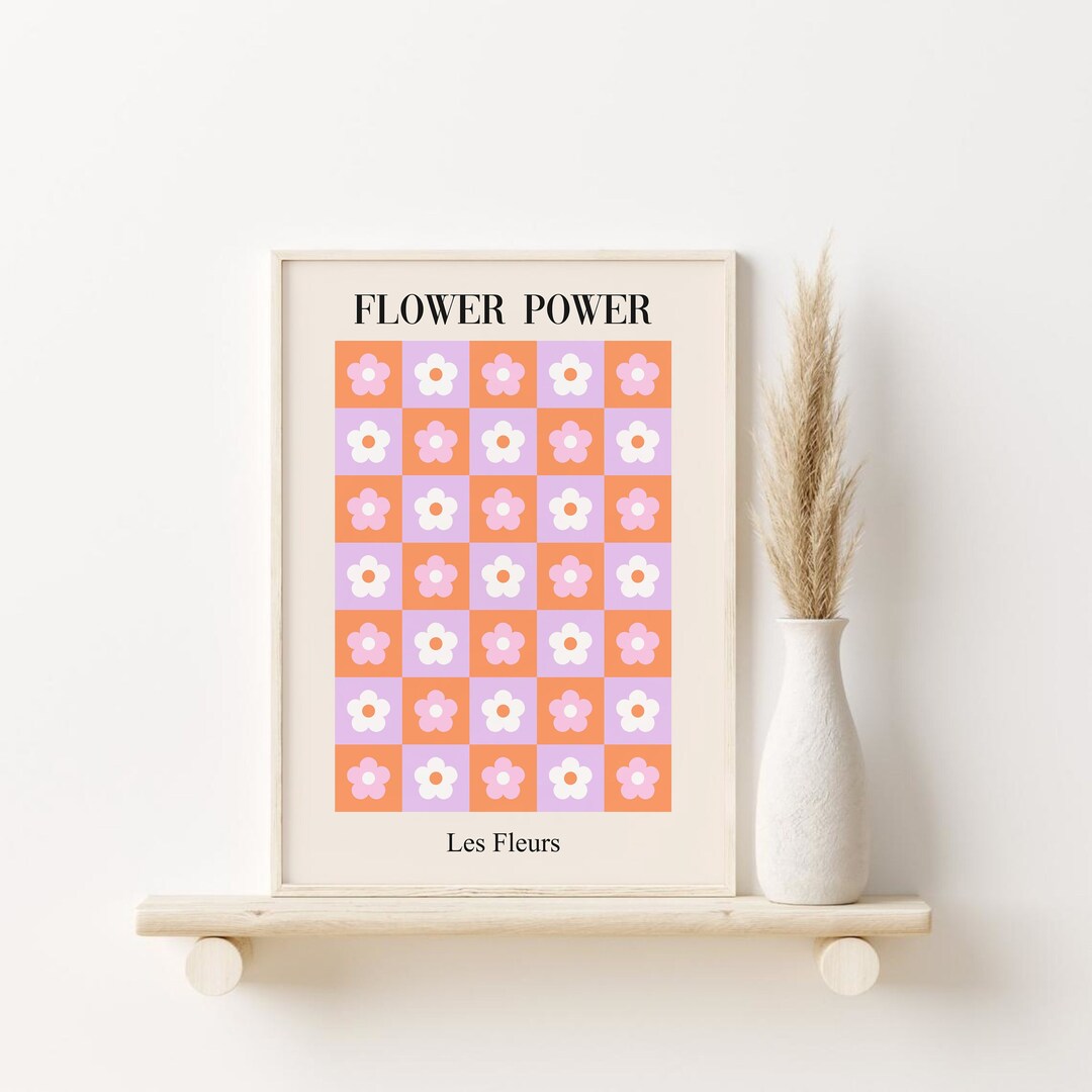 Flower Checkerboard Print, Retro Floral Printable Wall Art, DIGITAL ...