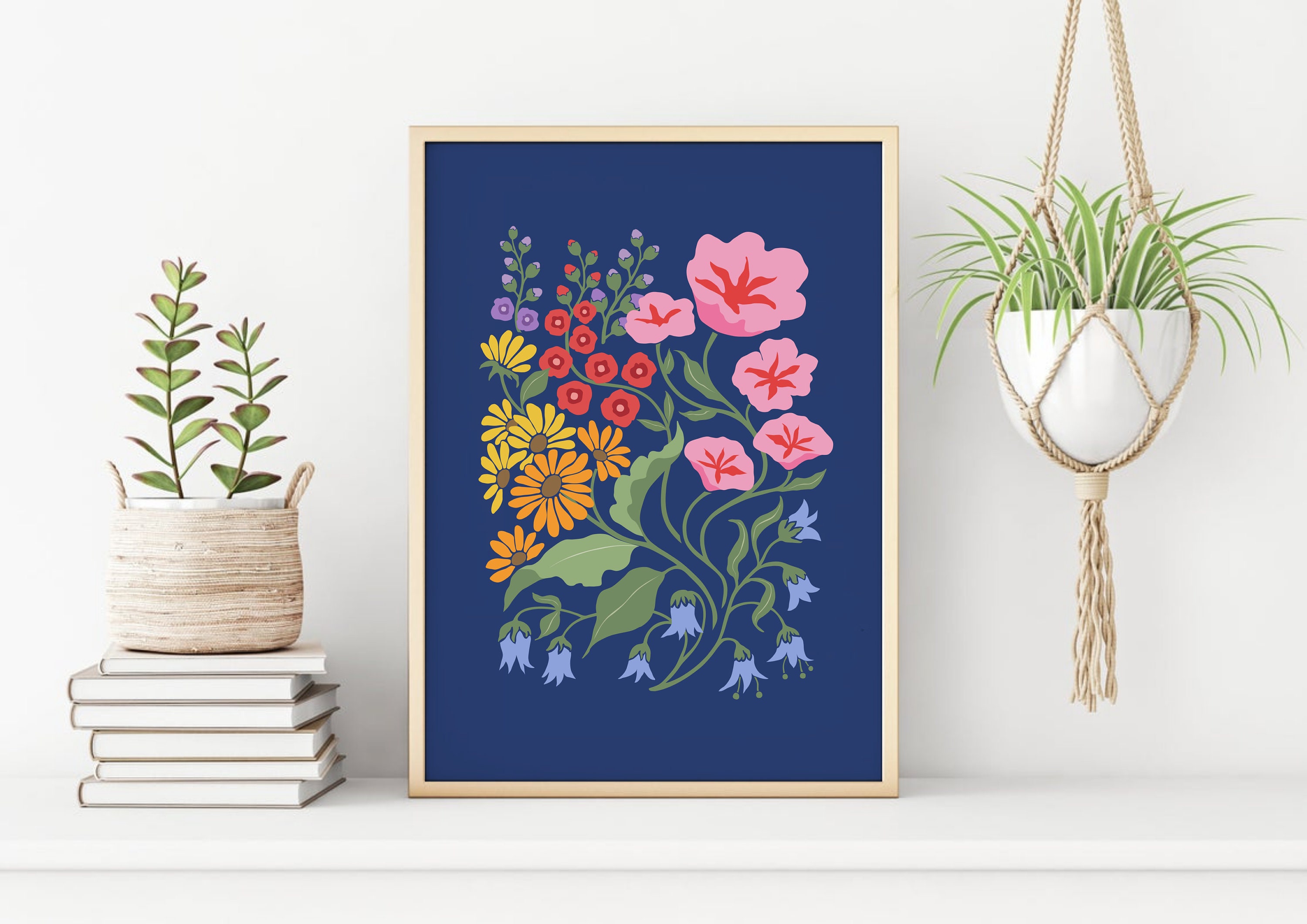 Navy Colorful Flowers Print Abstract Botanical Printable Wall | Etsy