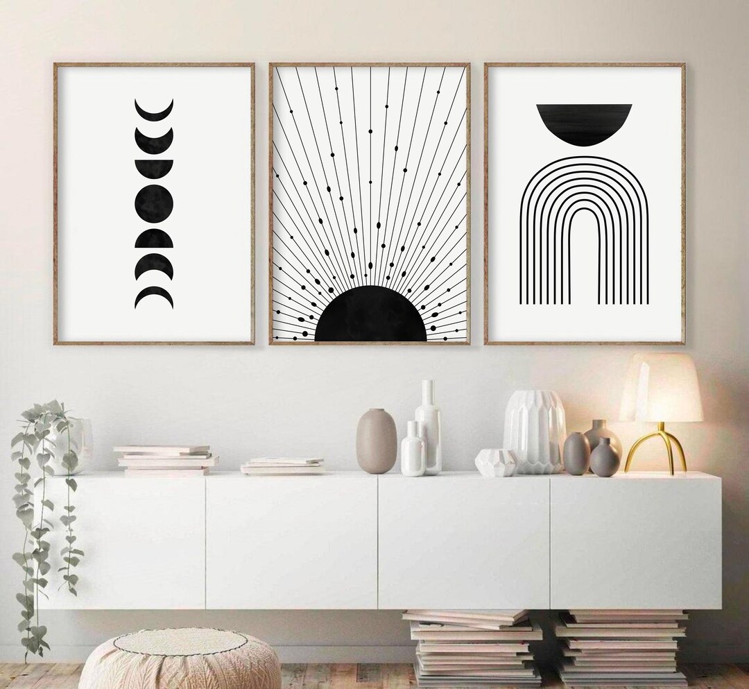 Celestial Print Set of 3, Black and White Sun Moon Phases Printable ...