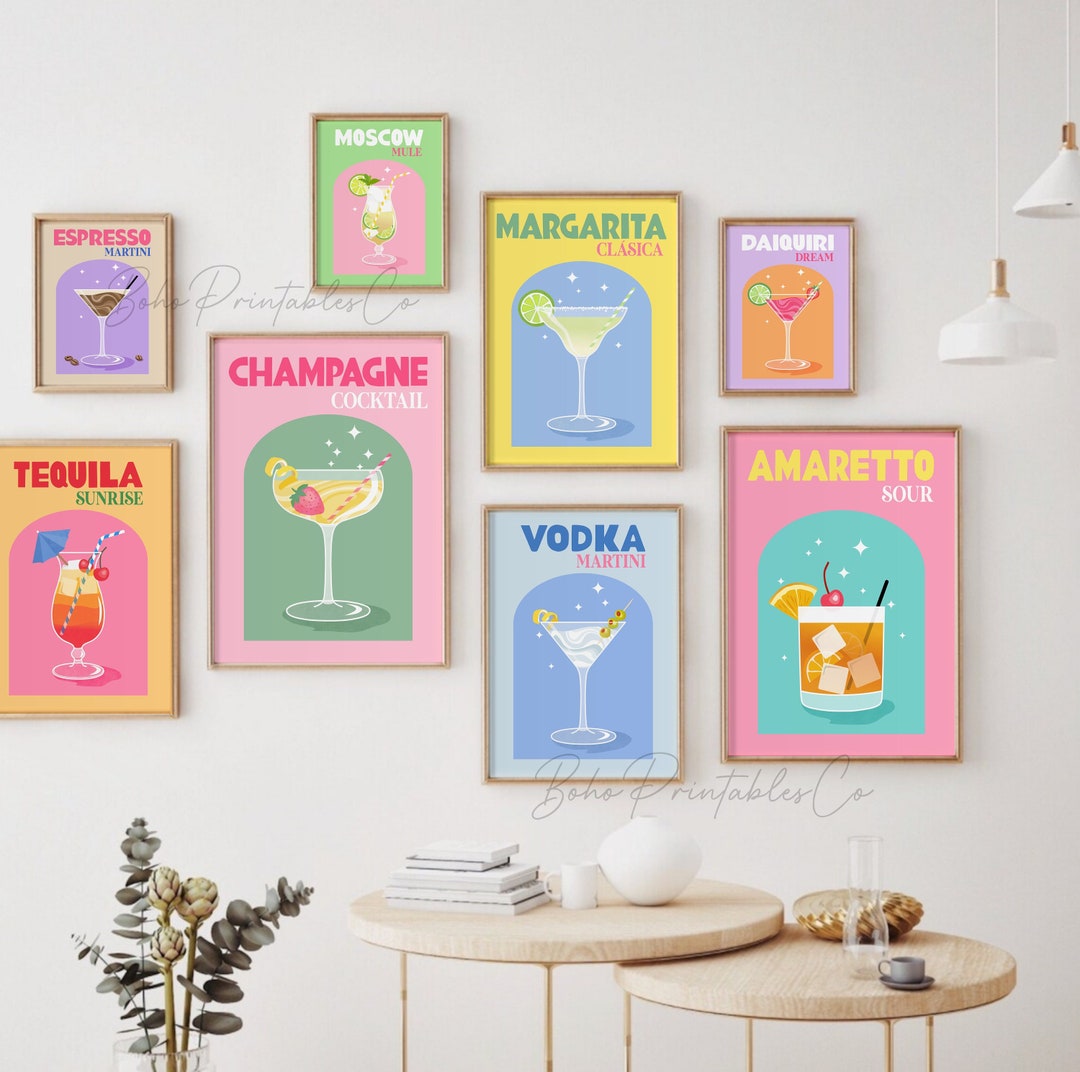Cocktail Print Set of 8, Colorful Cocktail Printable Wall Art, DIGITAL ...