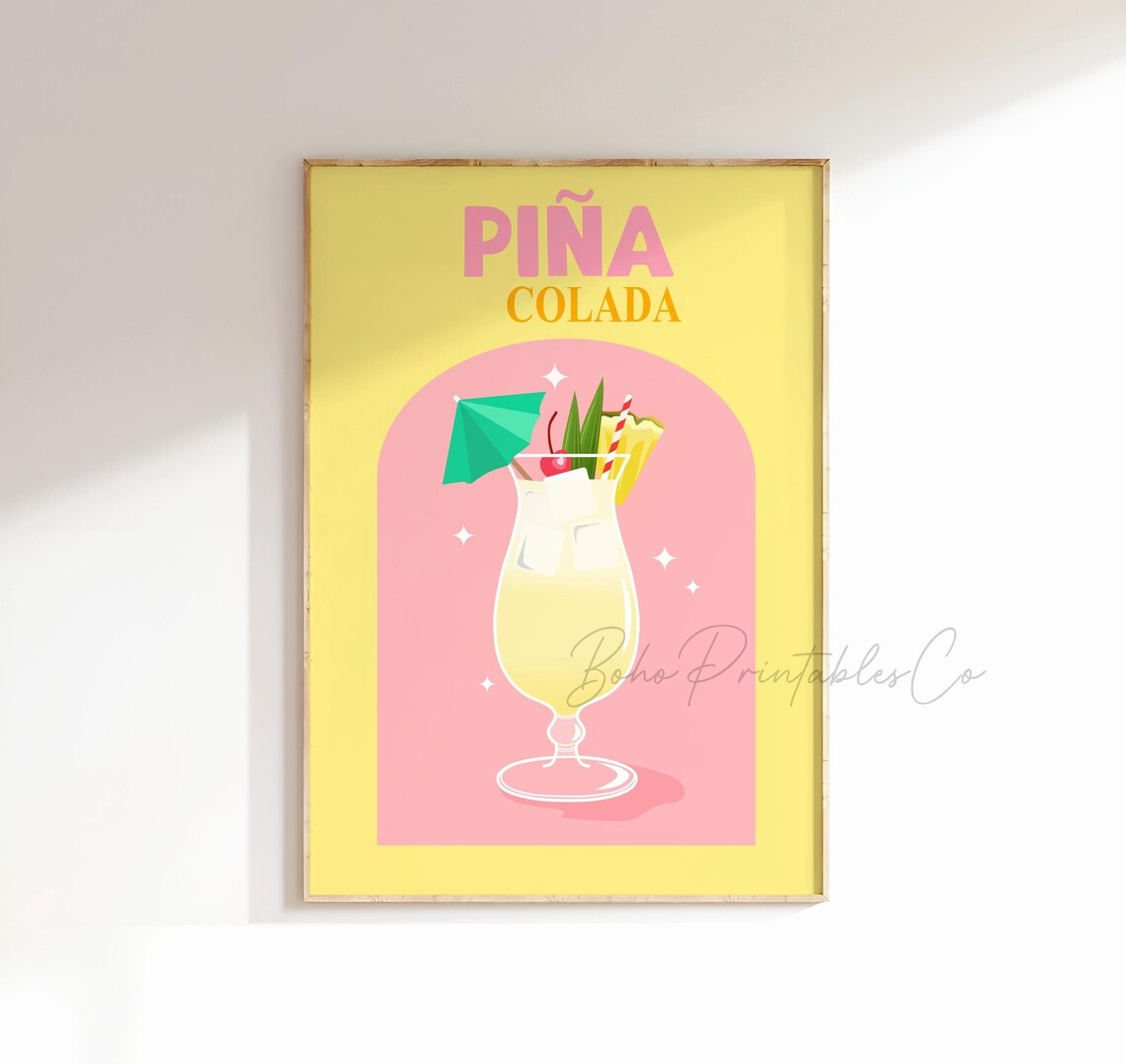 Pina Colada Print, Retro Cocktail Printable Wall Art, DIGITAL DOWNLOAD ...