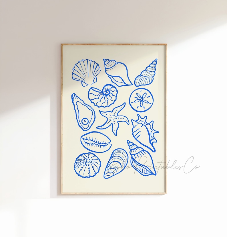 Blue Seashells Print, Hand Drawn Sea Shells Print, Trendy Coastal ...