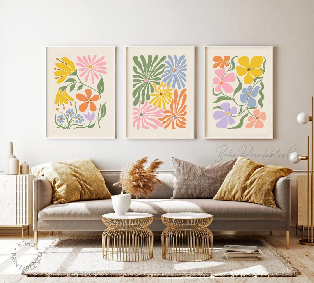 Boho Abstract Flowers Print Set of 3, Colorful Botanical Gallery Wall ...