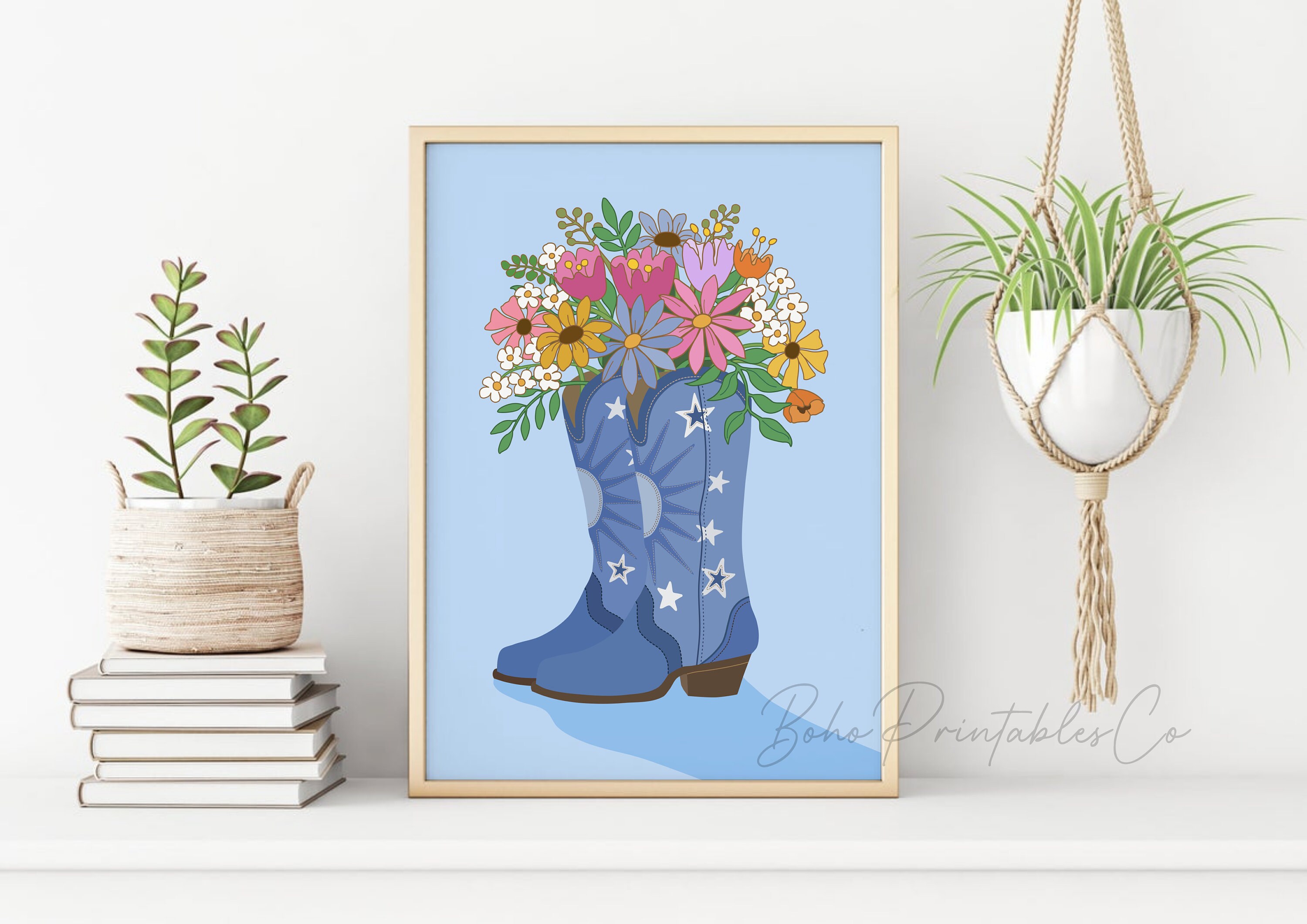Blue Cowgirl Boots Flowers Print DIGITAL DOWNLOAD Retro - Etsy