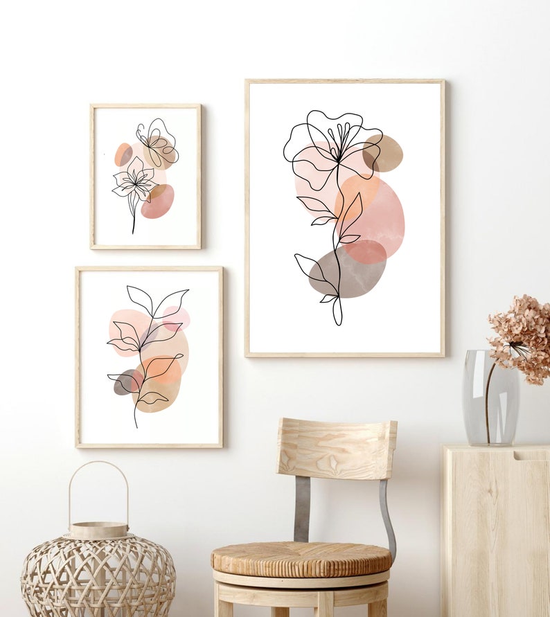 Abstract Flower Line Art Prints, Set of 3 Minimal Floral Line Drawing ...