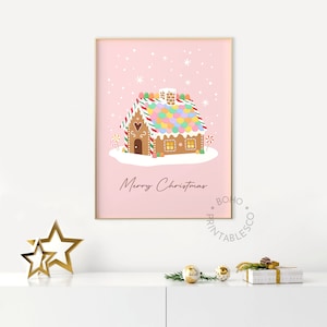 Pink Gingerbread House Print, Pink Vintage Holiday Wall Decor ...