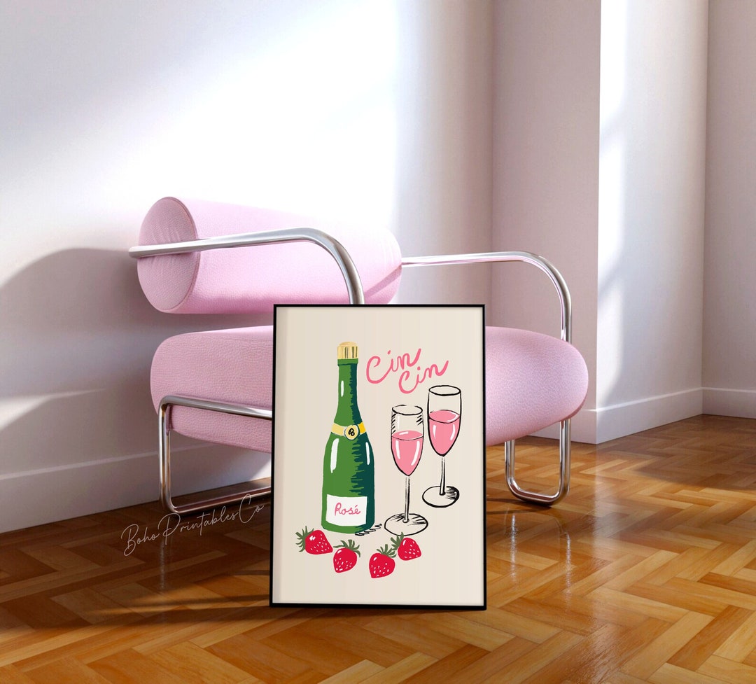 Cin Cin Print, Rosé Wine Print, Hand Drawn Vintage Drink Poster ...