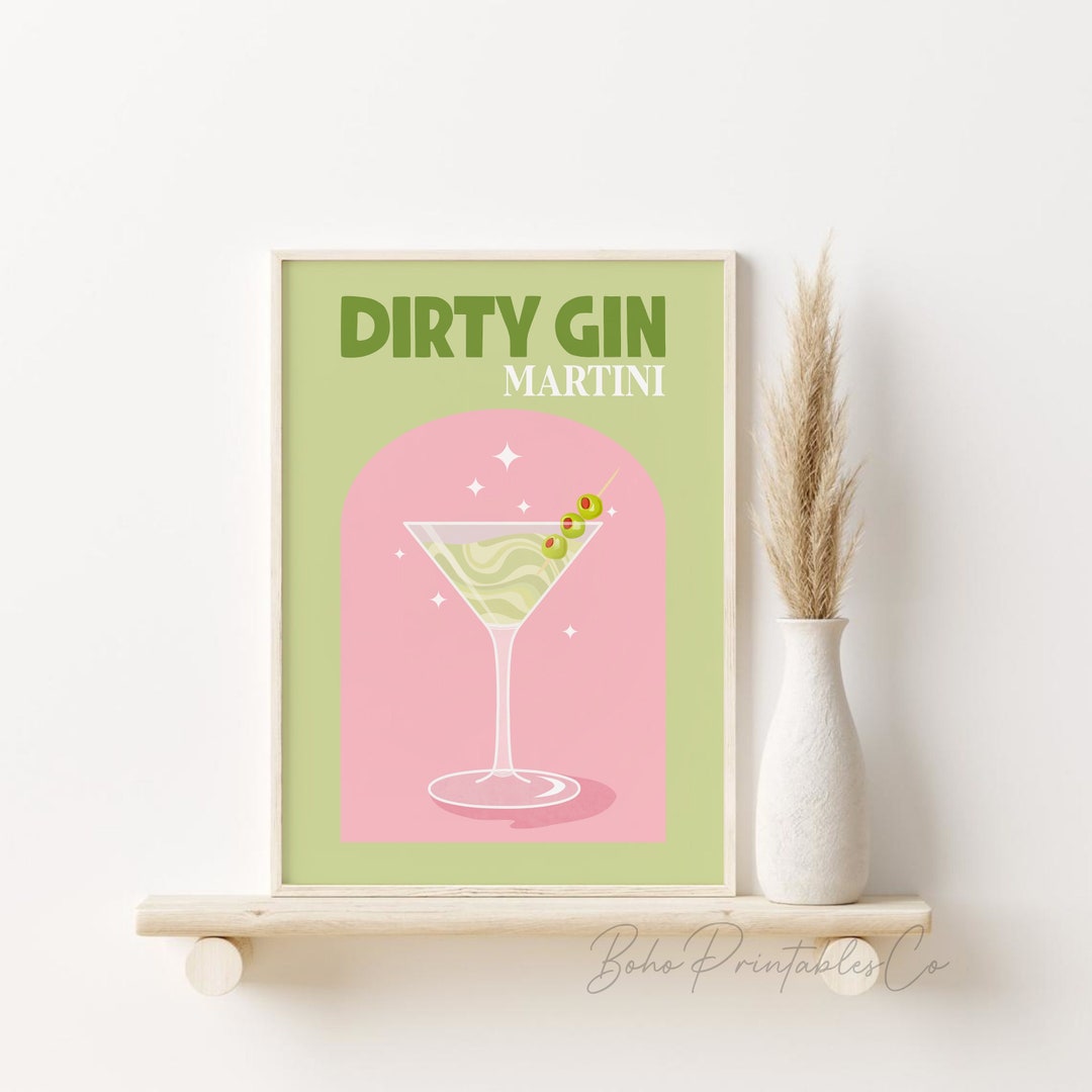 Dirty Gin Martini Print, Retro Cocktail Print, DIGITAL DOWNLOAD, Pink ...