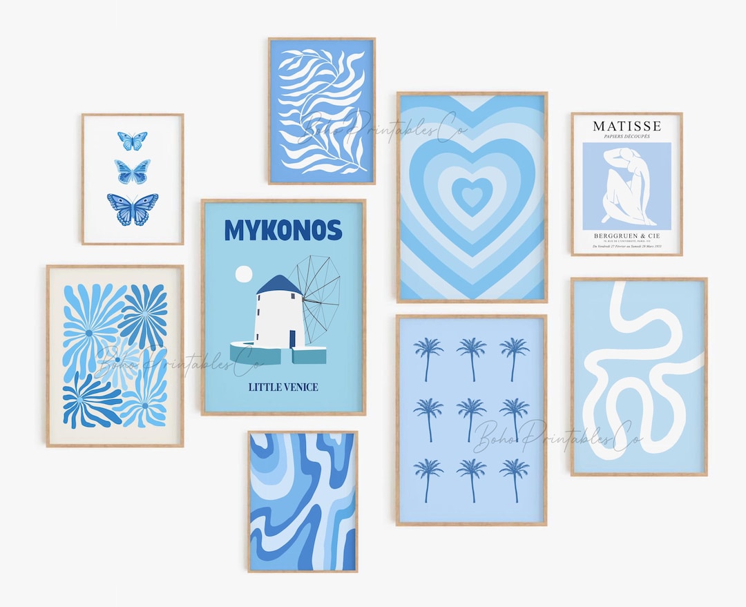 Blue Preppy Print Set of 9, Sky Blue Gallery Wall Set, DIGITAL DOWNLOAD ...