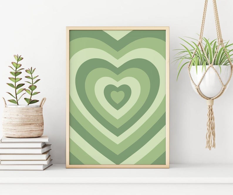 Sage Green Retro Heart Print, DIGITAL DOWNLOAD, Psychedelic Heart ...