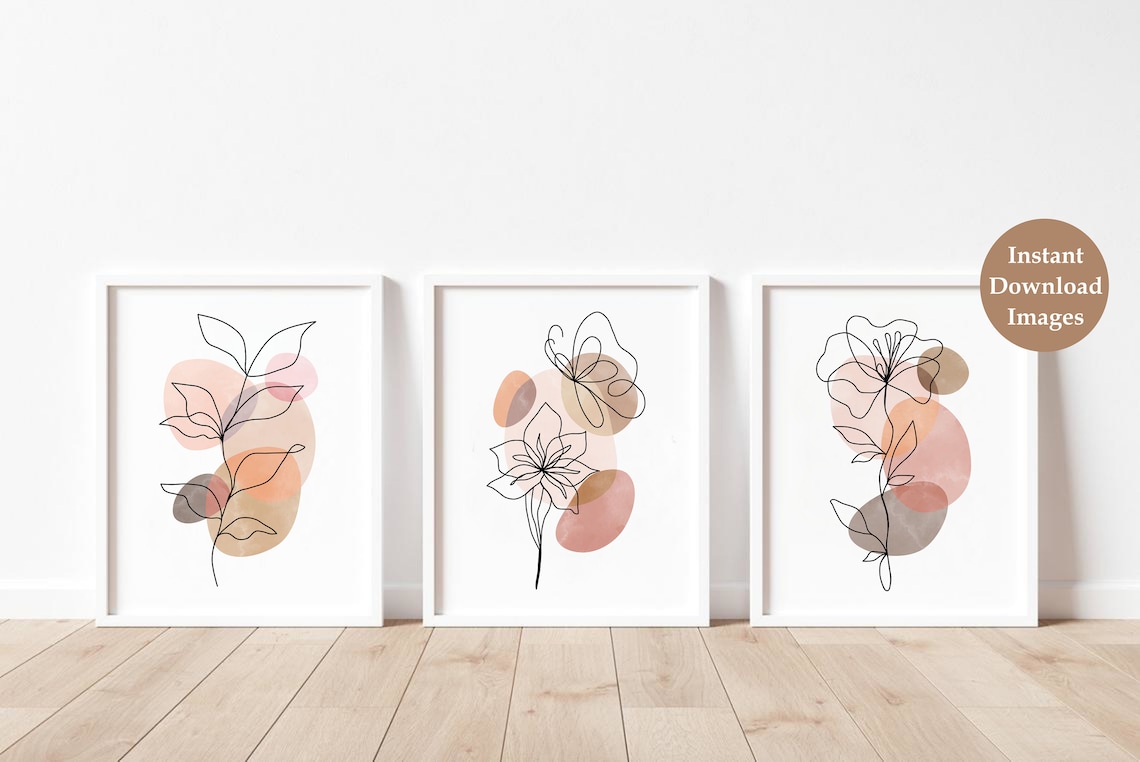 Abstract Flower Line Art Prints, Set of 3 Minimal Floral Line Drawing ...