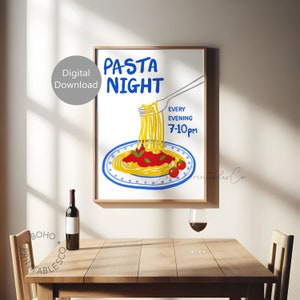 Pasta Night Print, Hand Drawn Food Sketch Printable Wall Art, Retro ...
