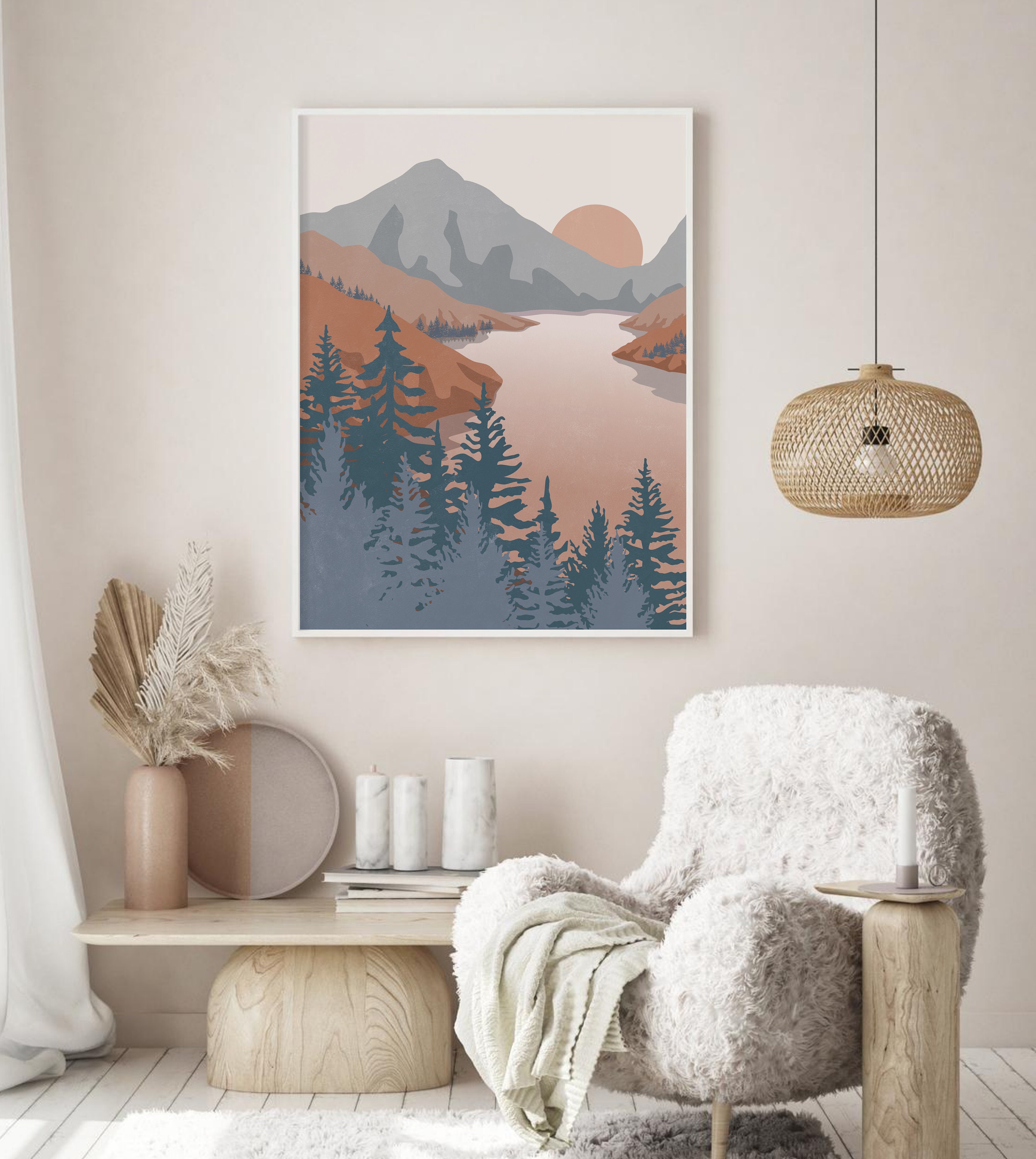 Boho Landscape Print Abstract Mountains Lake Printable Wall | Etsy
