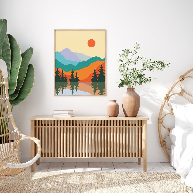 Boho Landscape Print Abstract Mountains Poster Trees Lake - Etsy