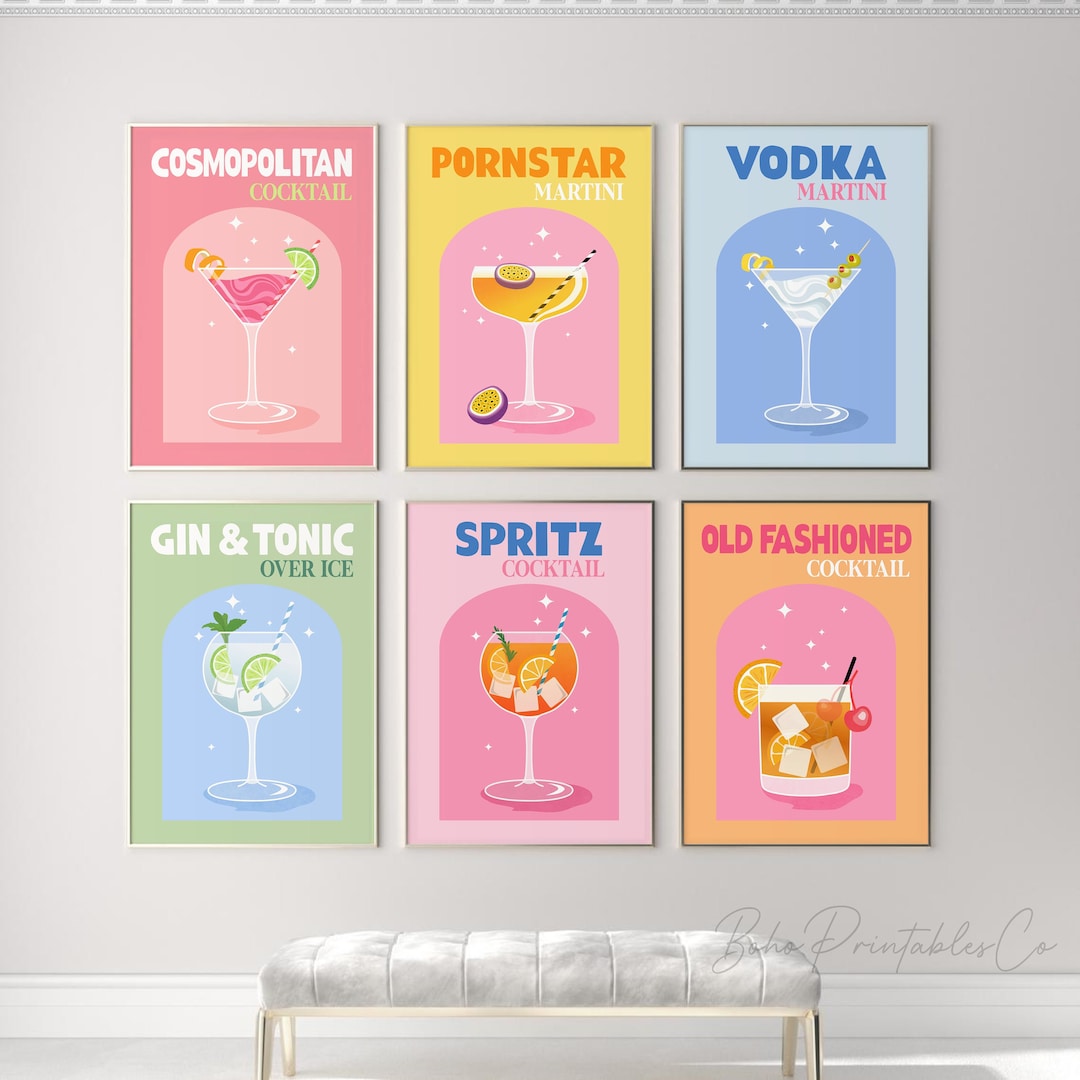 Retro Cocktail Print Set of 6, Colorful Cocktail Printable Wall Art ...