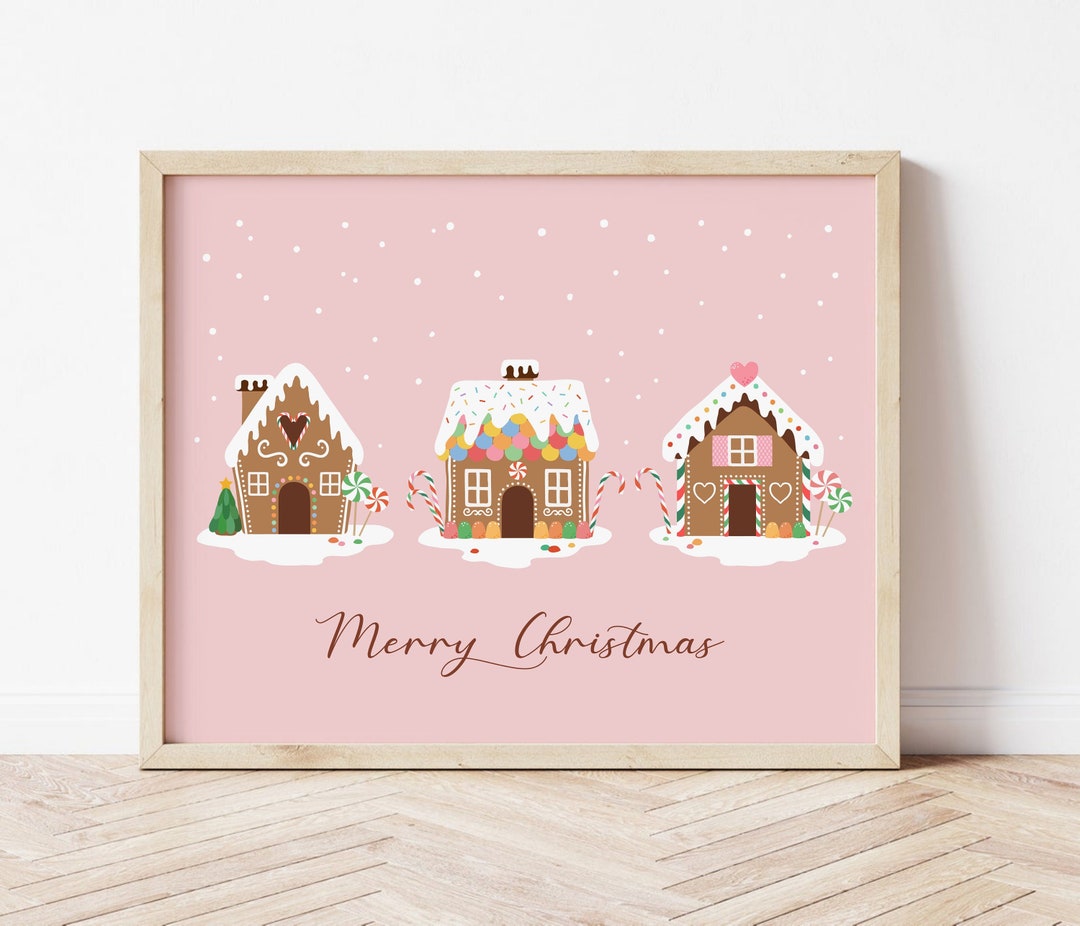 Gingerbread House Print, Pink Christmas Printable Wall Art, DIGITAL ...