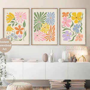 Boho Abstract Flowers Print Set of 3, Colorful Botanical Gallery Wall ...