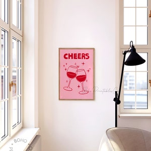 Cheers Wine Print, Pink Red Kitchen Poster, DIGITAL DOWNLOAD, Retro ...