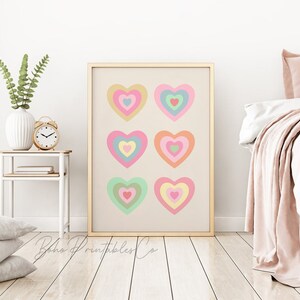 Pastel Retro Heart Print, Cute Hearts Printable Wall Art, DIGITAL ...