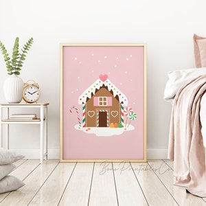 Christmas Gingerbread House Print, Pink Holiday DIY Wall Decor, DIGITAL ...