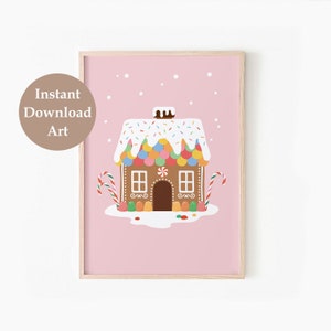 Pink Gingerbread House Print, Christmas Printable Wall Art, Holiday ...