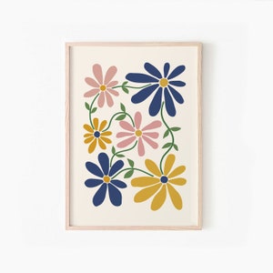 Abstract Flowers Print Set of 3, Mustard Navy Blush Pink Gallery Wall ...