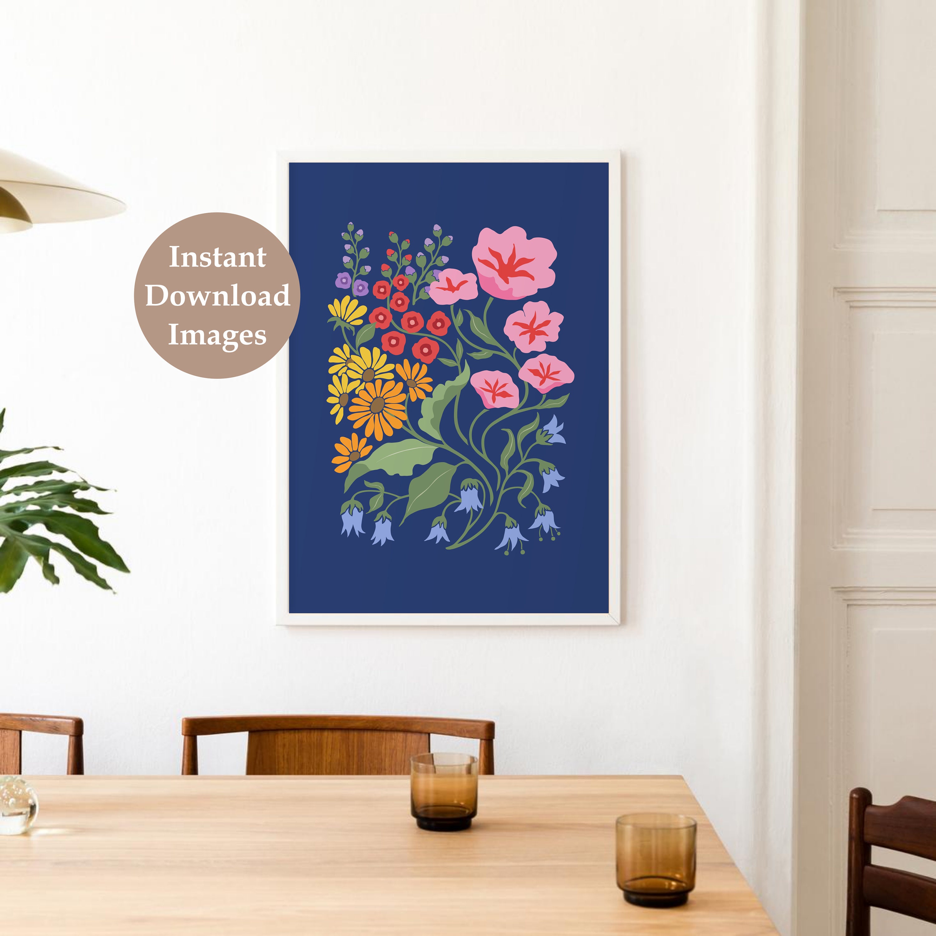 Navy Colorful Flowers Print Abstract Botanical Printable Wall | Etsy