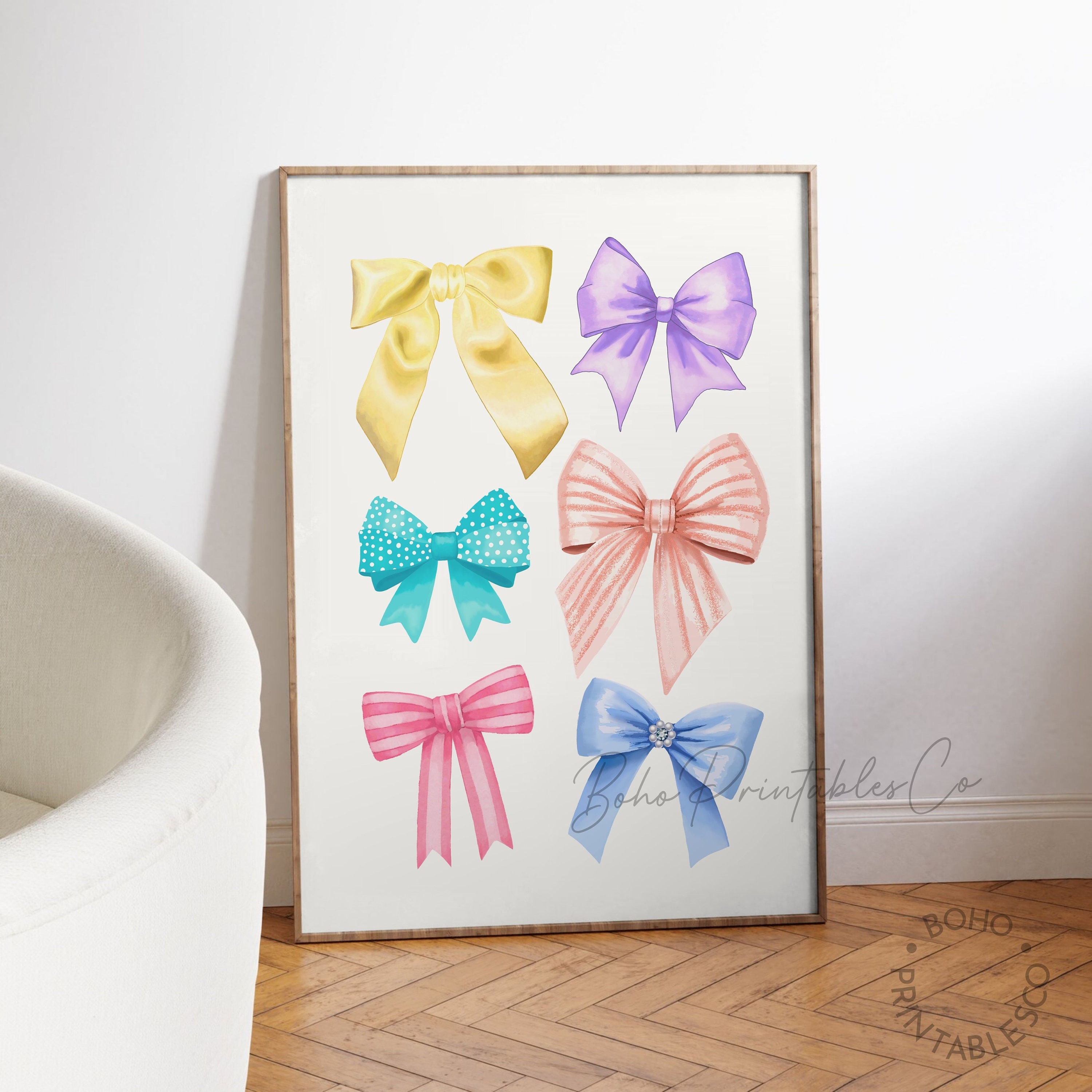Trendy Watercolor Bows Print, Pastel Ribbons Printable Wall Art ...
