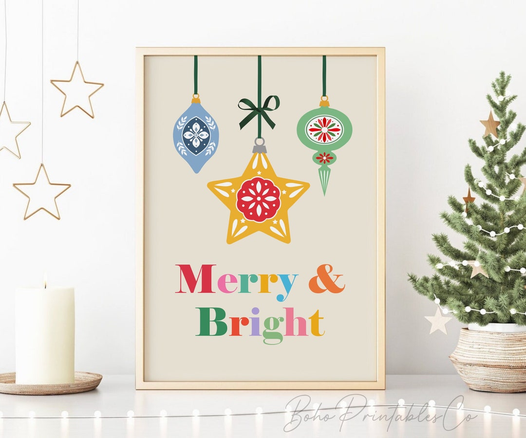 Merry and Bright Print, Christmas Ornaments Printable Wall Art ...