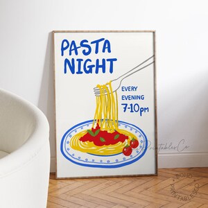 Pasta Night Print, Hand Drawn Food Sketch Printable Wall Art, Retro ...