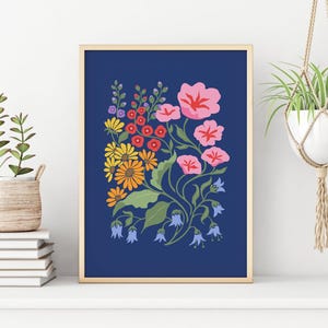 Navy Colorful Flowers Print, Abstract Botanical Printable Wall Art ...
